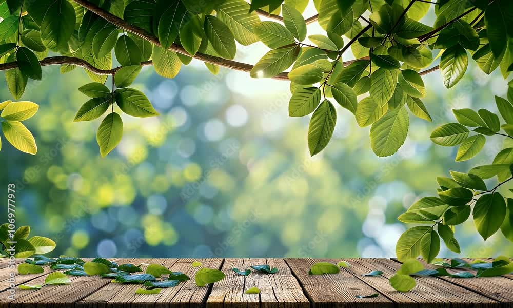 Spring background with green leaves and wooden table top, nature bokeh ...
