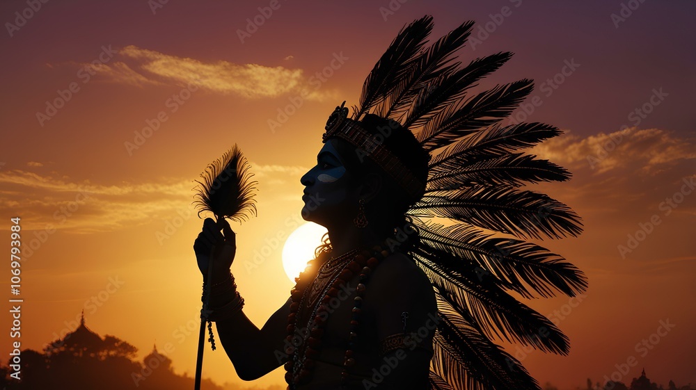 Silhouette of Hindu god Lord Krishna with peacock feather on sunset ...