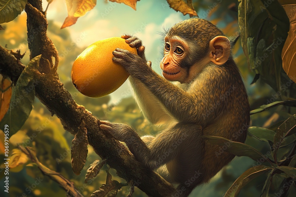 A happy monkey in tropical paradise reaching for and touching a ...