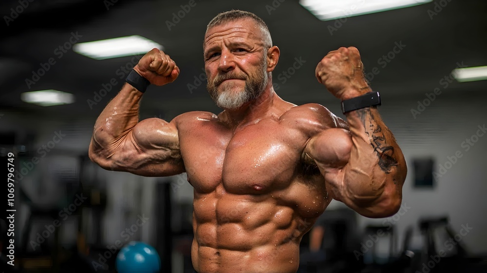 Muscular vegan bodybuilder flexing their toned chiseled physique with ...