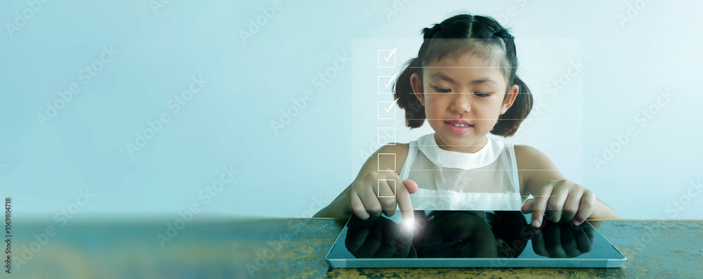 Checklist concept. Little girl tapping with a tablet checking digital ...