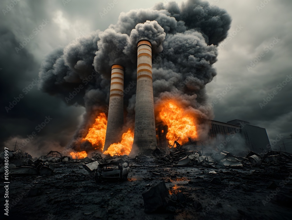 Catastrophic and Foreboding Industrial Power Plant Disaster Raging with ...