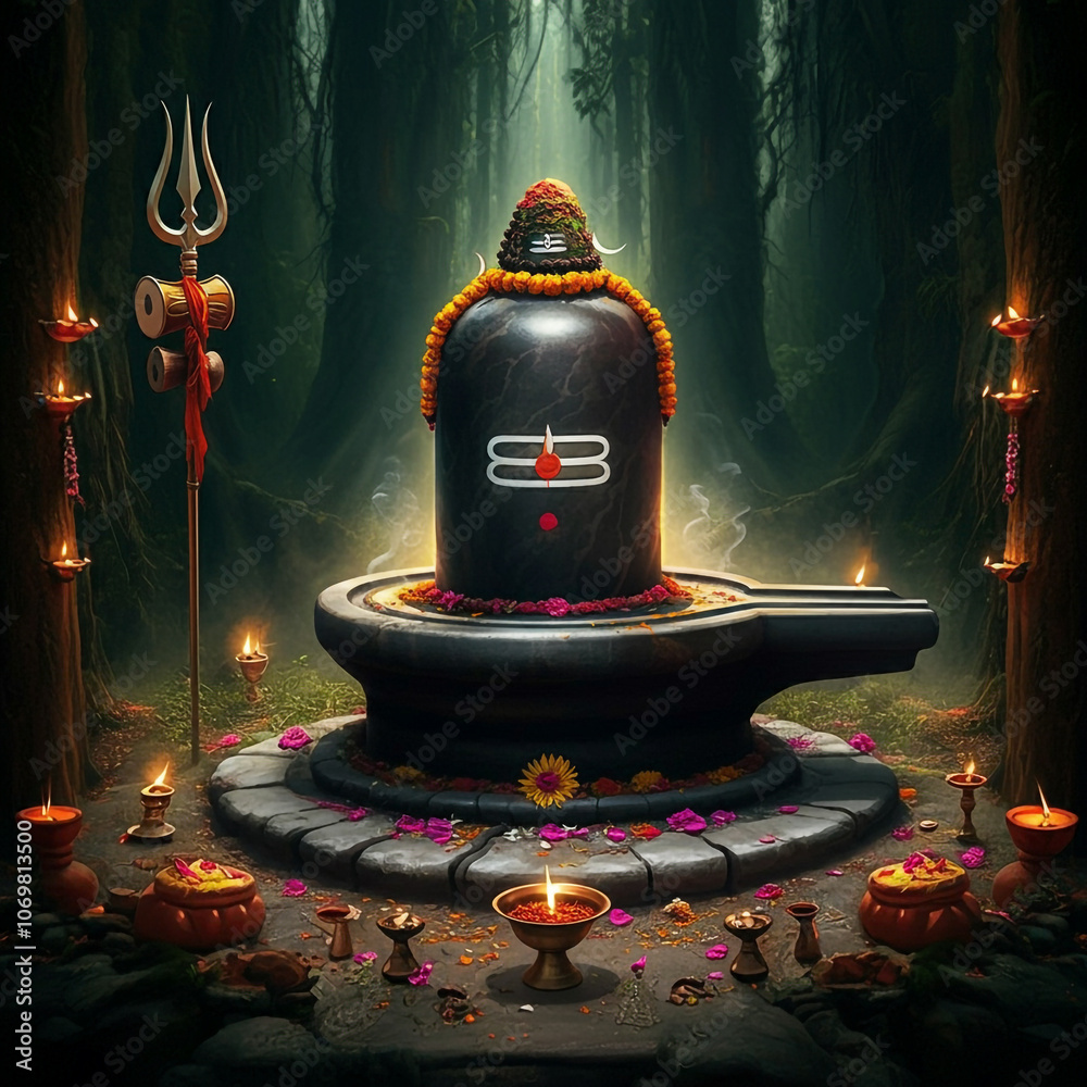 A serene depiction of the Shiva Lingam, adorned with offerings and ...
