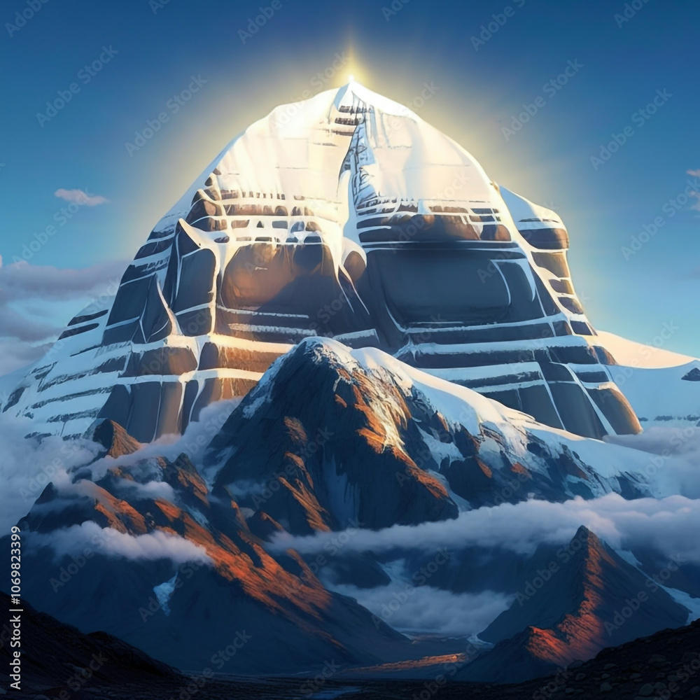 Majestic view of Mount Kailash with a radiant glow, symbolizing ...