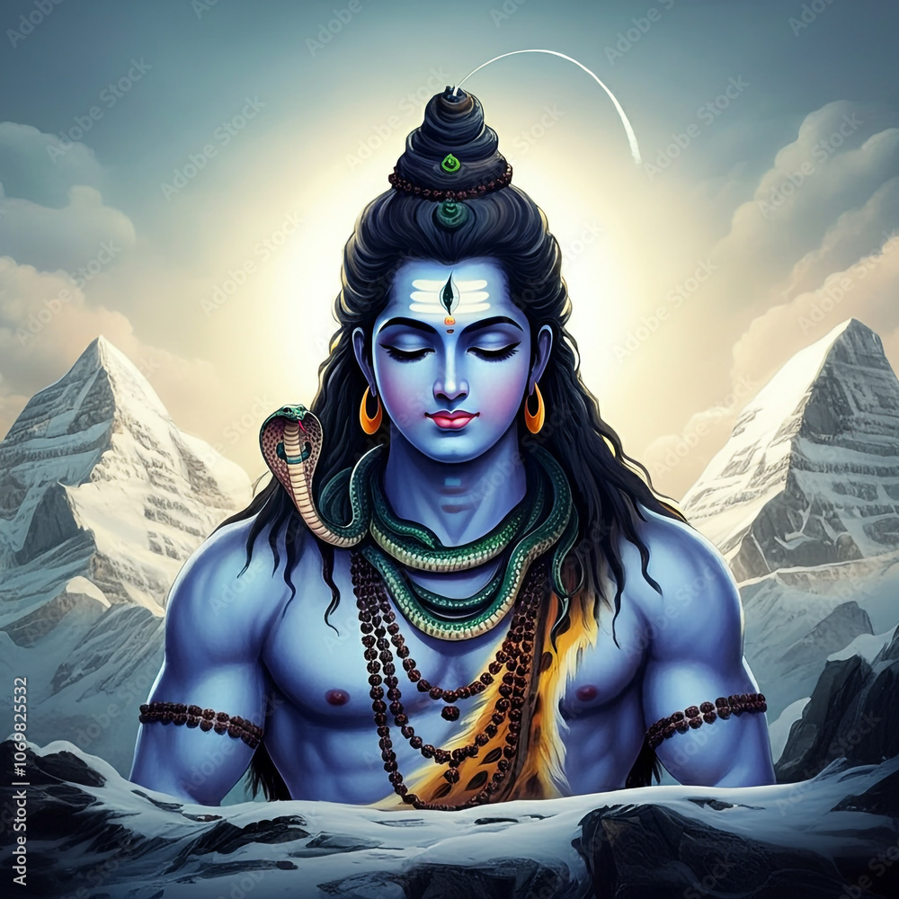 Serene portrayal of Lord Shiva meditating in the mountains, embodying ...