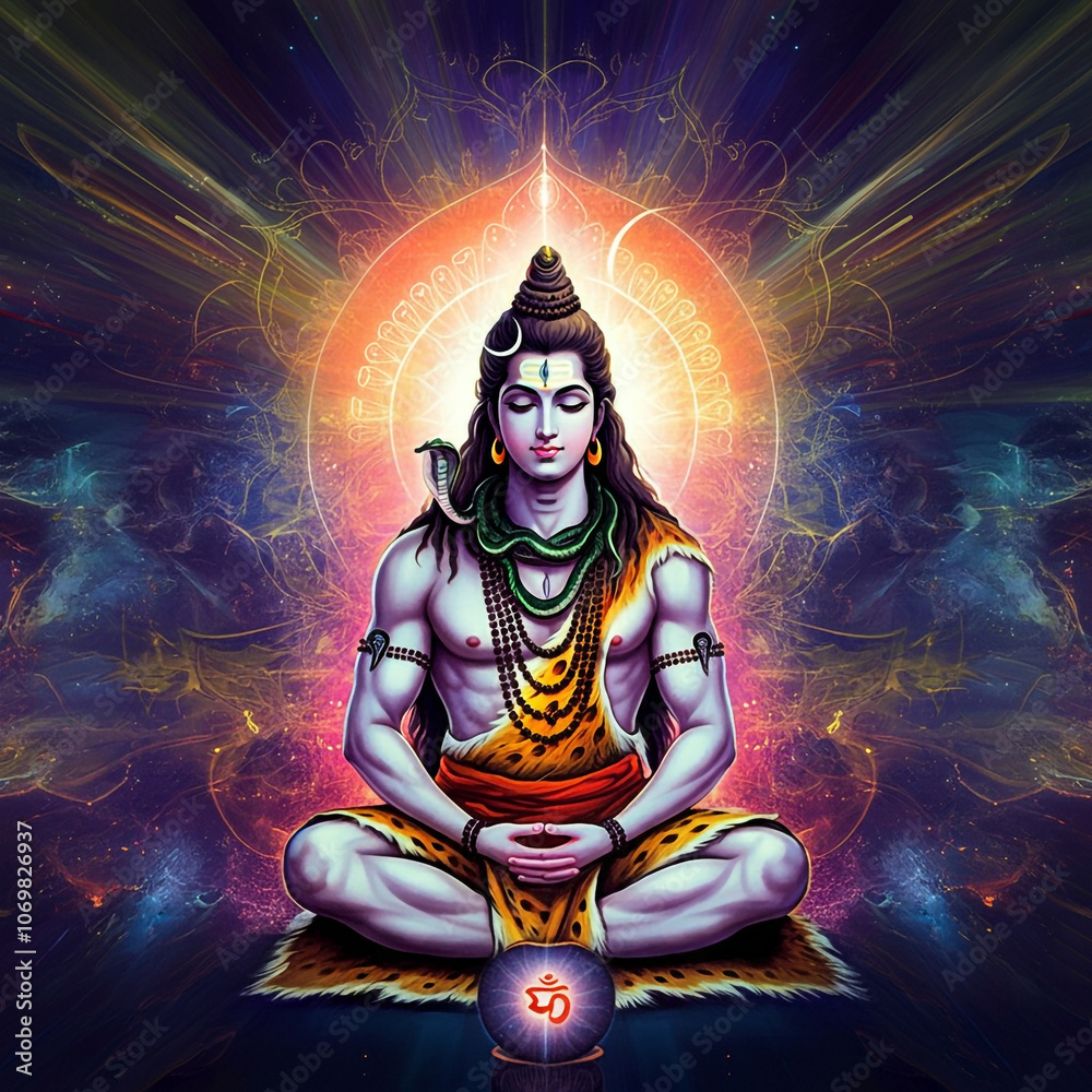 Peaceful image of Lord Shiva in a meditative pose with a cosmic ...