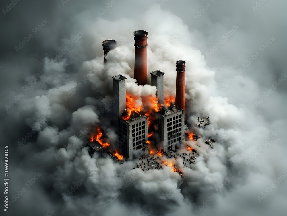Catastrophic power plant explosion scene with injured workers and ...