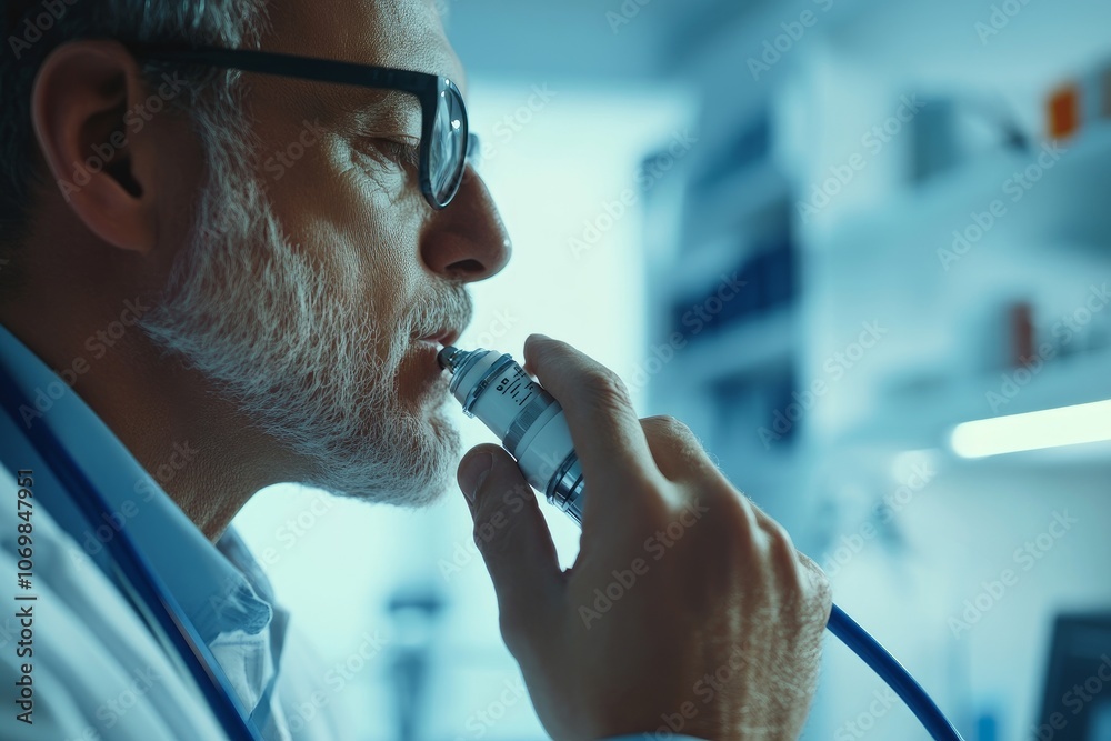 Doctor performing a lung function test using a spirometer, clean clinic ...