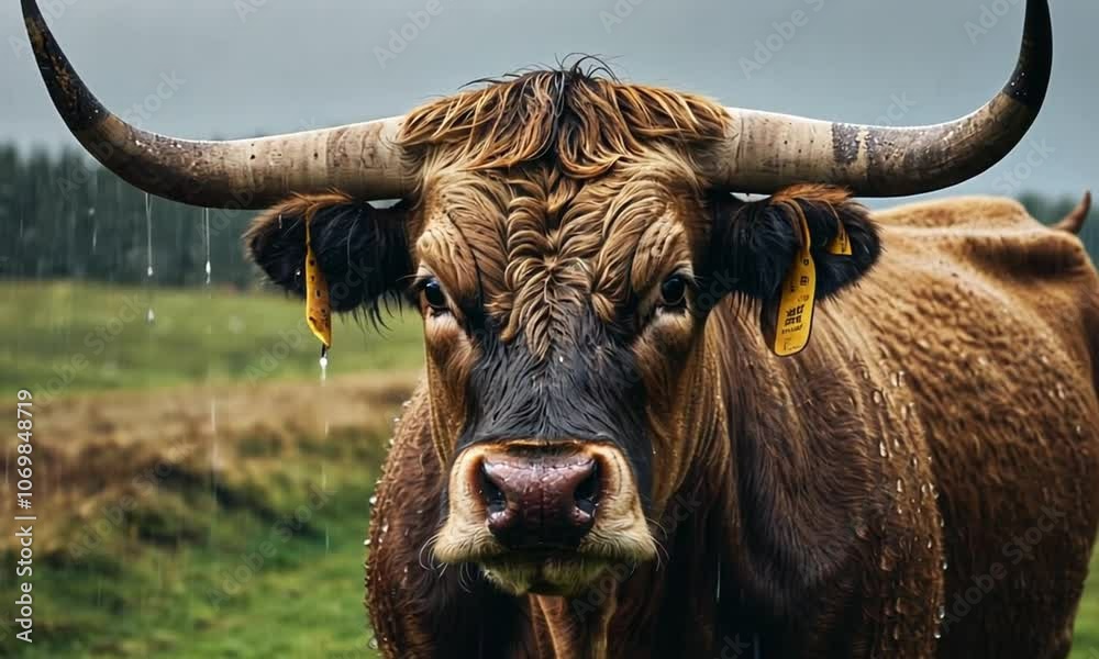 A close-up of a bull in a field with light raindrops, showing the ...