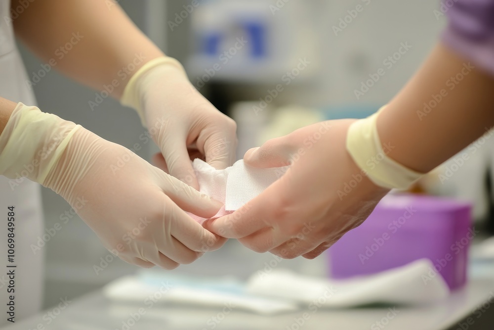 Nurse cleaning and bandaging a minor wound in an outpatient clinic ...