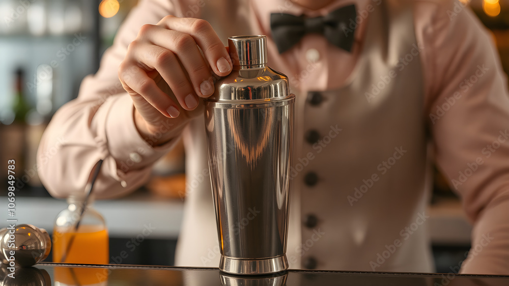 Bartender making a cocktail using cocktail shaker; barman shaking ...