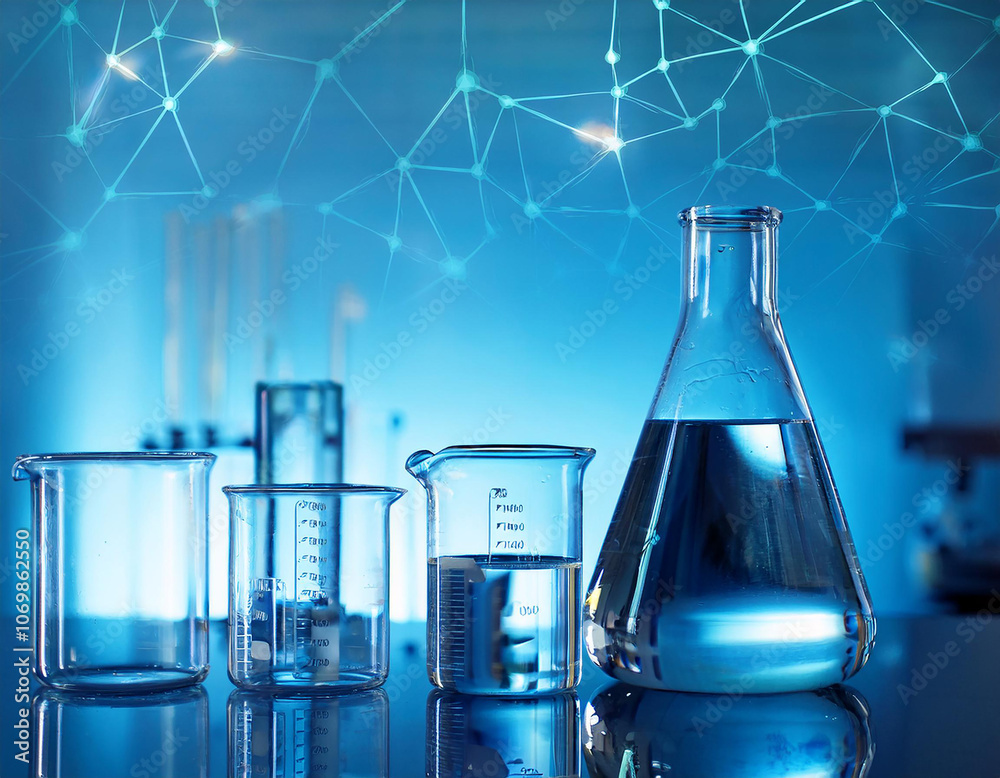 Chemistry glass lab flask with chemical blue liquid. Science beaker on ...