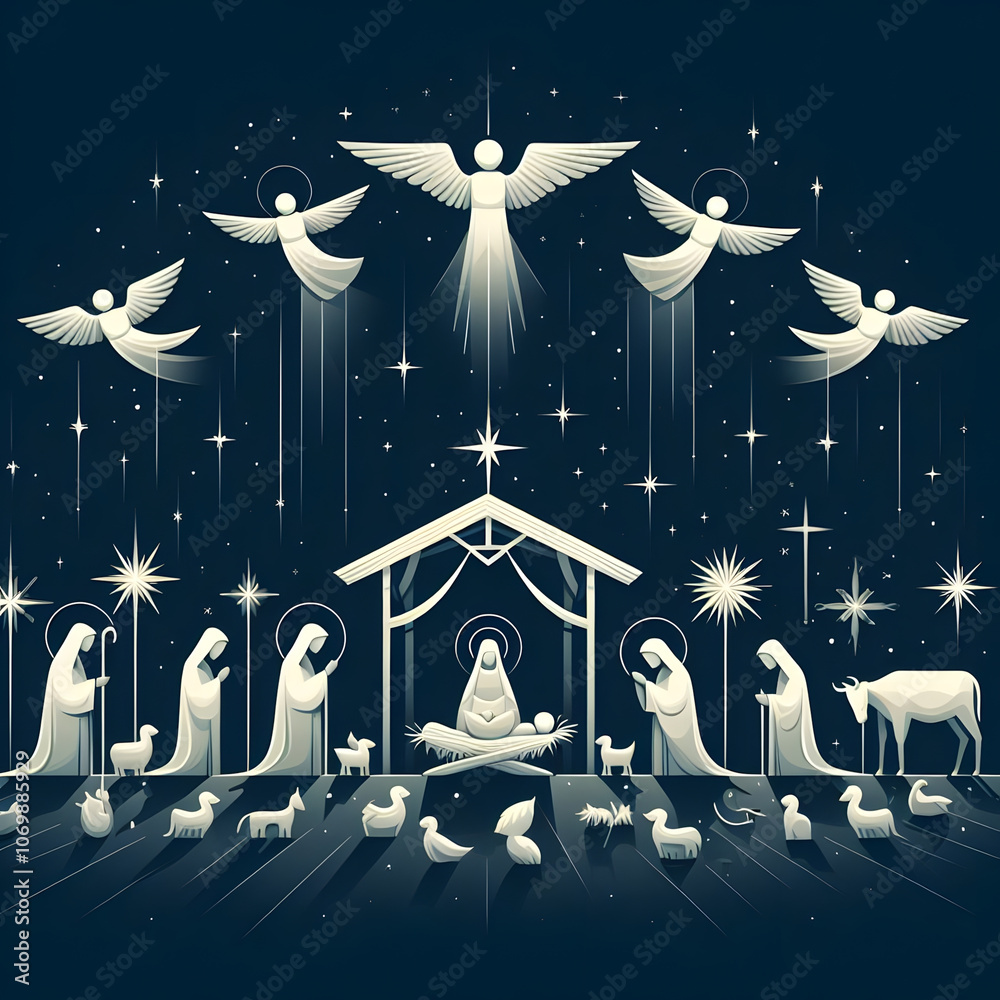 Silent night: minimalist nativity scene with floating angels and starry ...