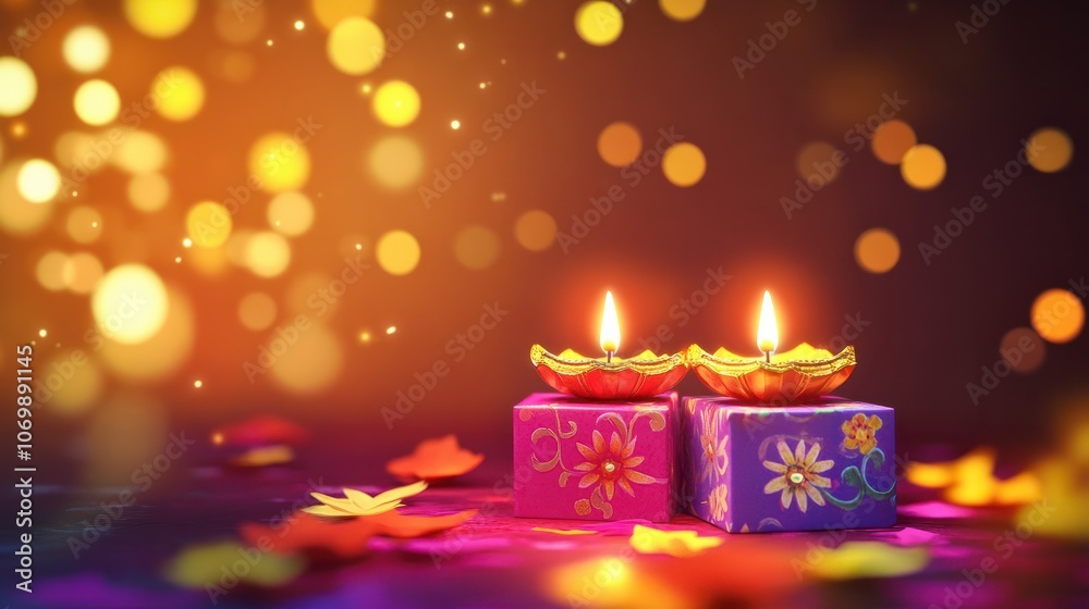 Colorful gift boxes with diya and golden bokeh background, diwali gift ...