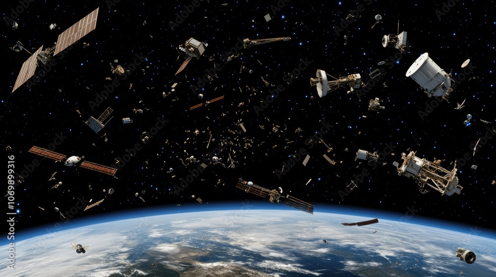 3D concept of space debris and discarded satellites around Earth ...
