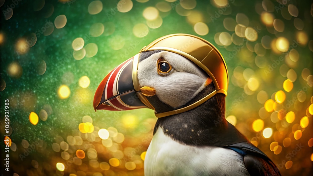 Vintage Style Photography of a Puffin Wearing a Packer's Helmet Against ...