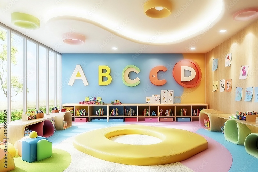 ภาพประกอบสต็อก a modern and colorful ceiling light for preschool ...