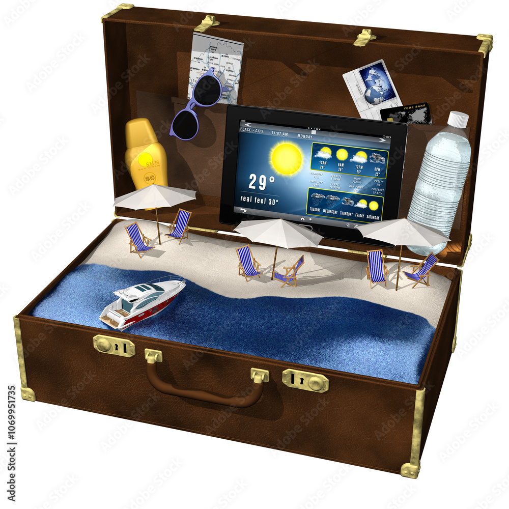 PNG. Trasparente. Valigia per viaggio al mare in estate..All'interno ...