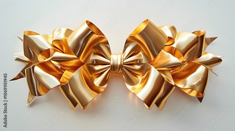 Golden gift bow with textured ribbon loops on white background. Gift ...