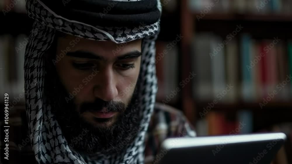 Arab man in traditional attire studying intently on a digital tablet in ...