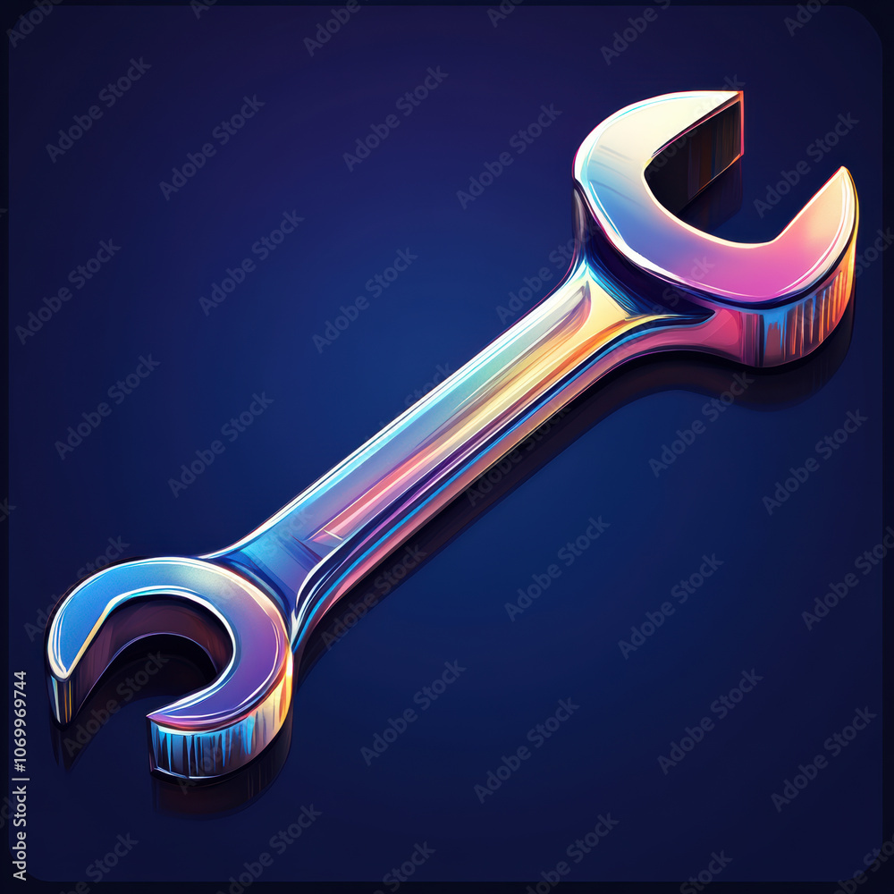 shiny, colorful wrench tool on dark background, showcasing its sleek ...