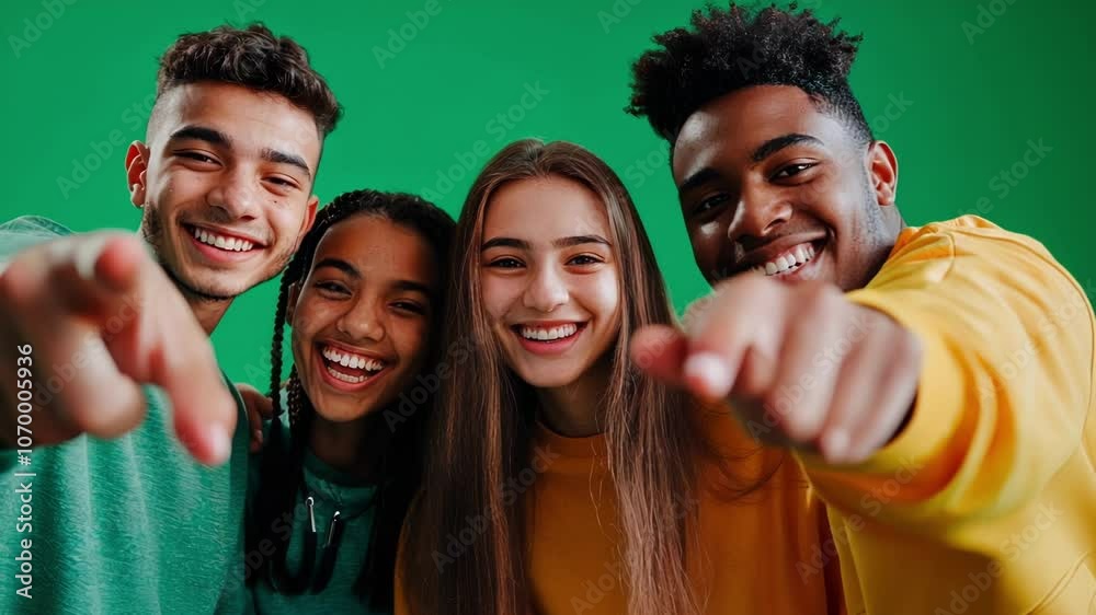 Group of four diverse and happy students point their fingers at the ...