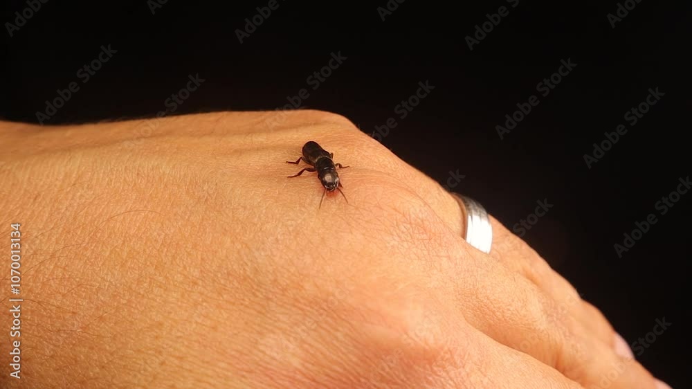 Insect handling. Devil's coach-horse beetle (Ocypus olens), Hornet rove ...