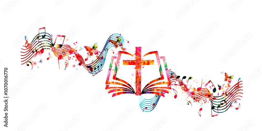 Colorful christian cross with music notes isolated vector illustration ...
