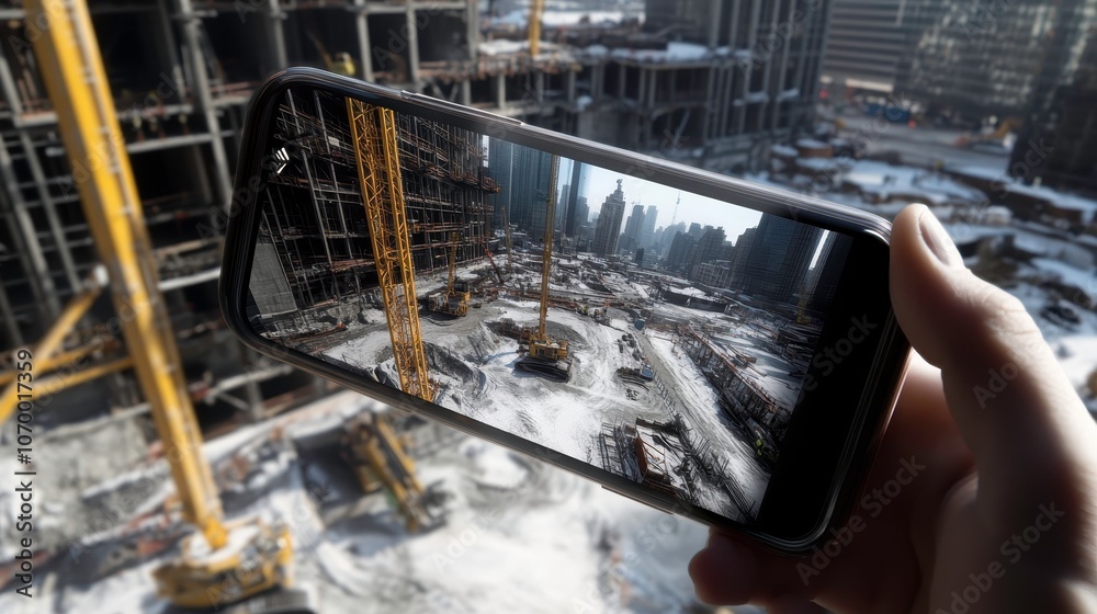 person holding smartphone capturing construction site with cranes and ...