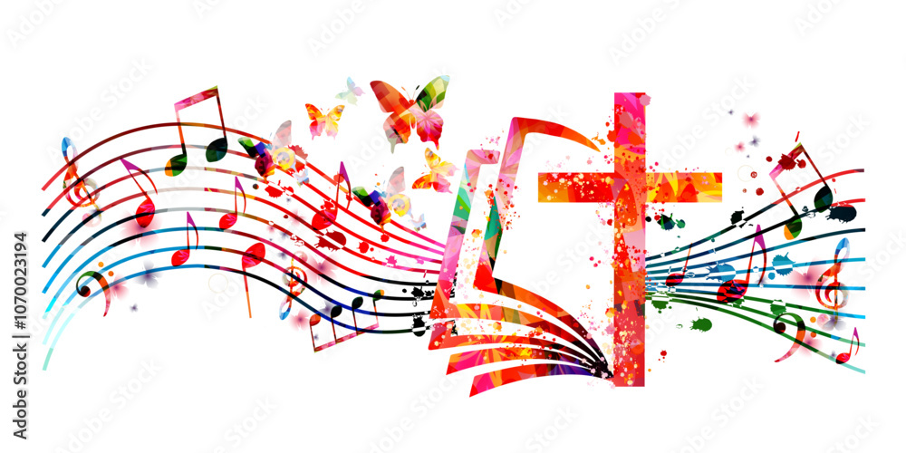 Colorful christian cross with music notes isolated vector illustration ...