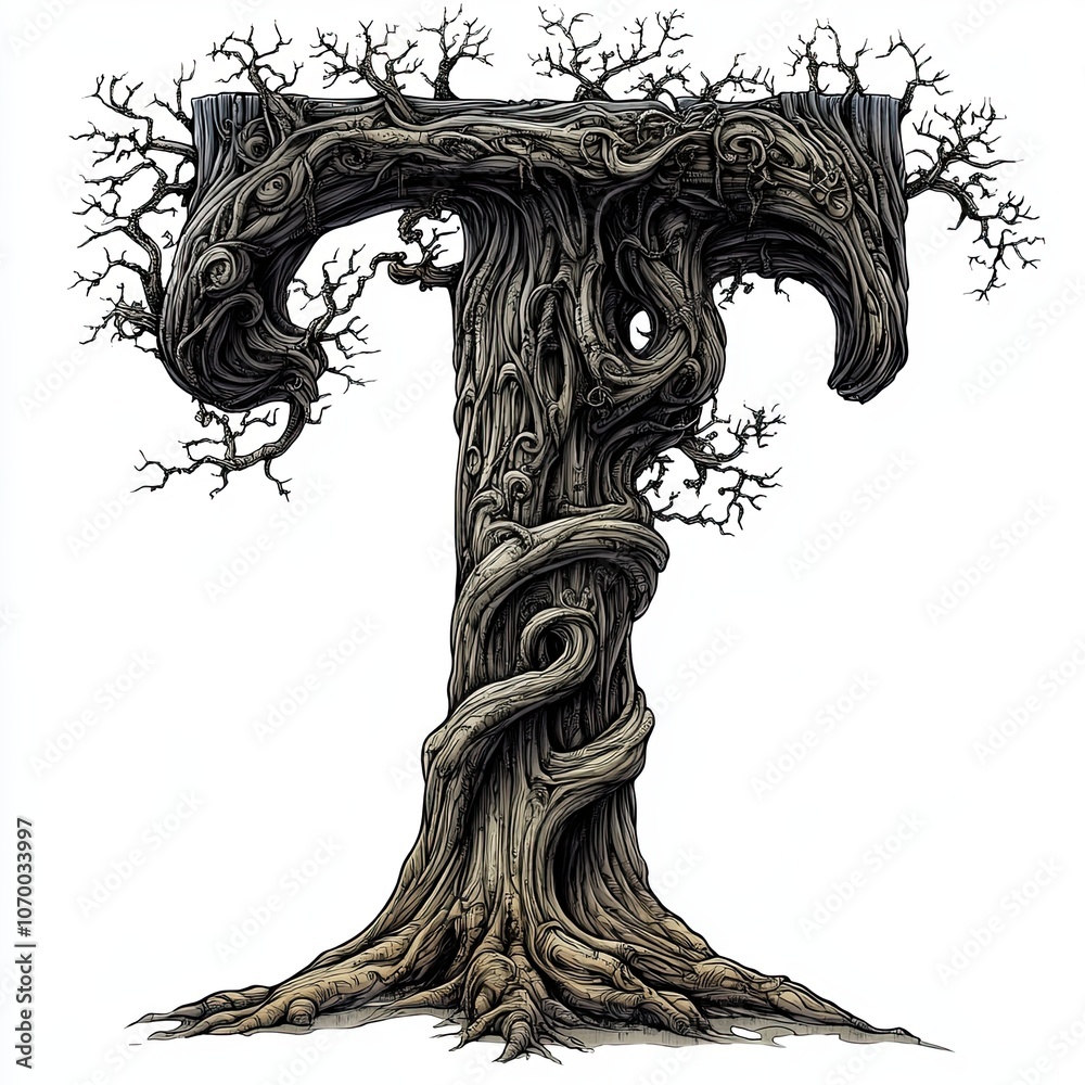 Letter T Formed from Twisted Tree Branches and Roots , Illustration of ...