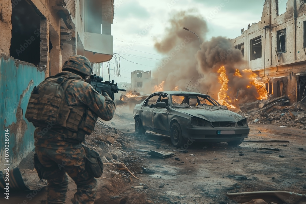 Soldier in full uniform in the Middle East fighting in the city streets ...