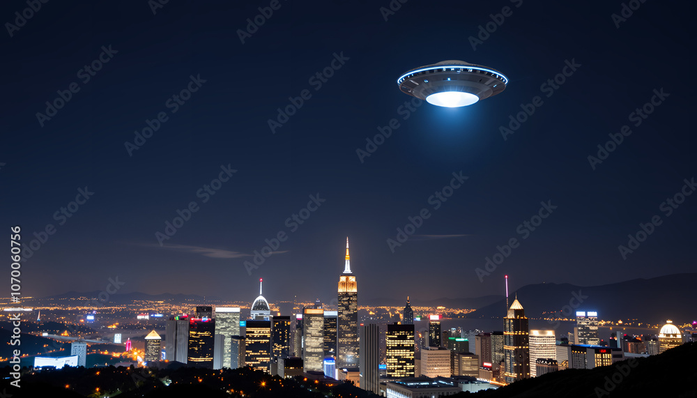 UFO hovering above city skyline at night with illuminated buildings and ...