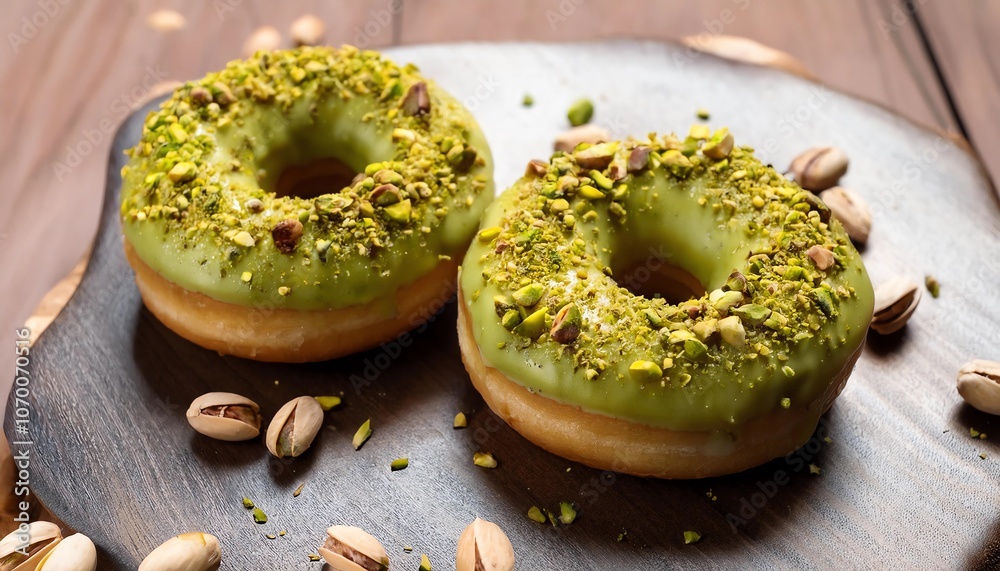 Two pistachio cream filled donuts topped with crushed pistachios, the ...