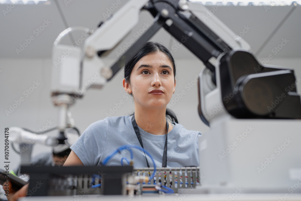 Hispanic engineer woman working on AI technology in robotics ...
