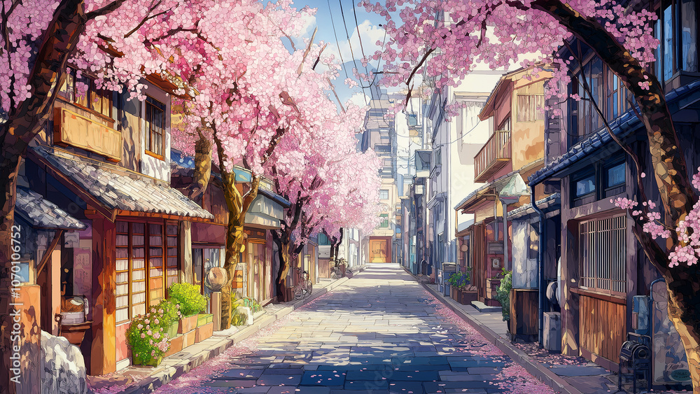 Scenery of downtown Japan. Illustrations that look like a scene from an ...