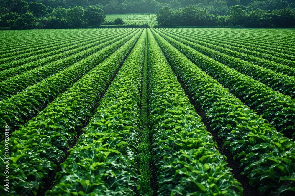 Lush green farm landscape with perfectly aligned rows of crops in the ...