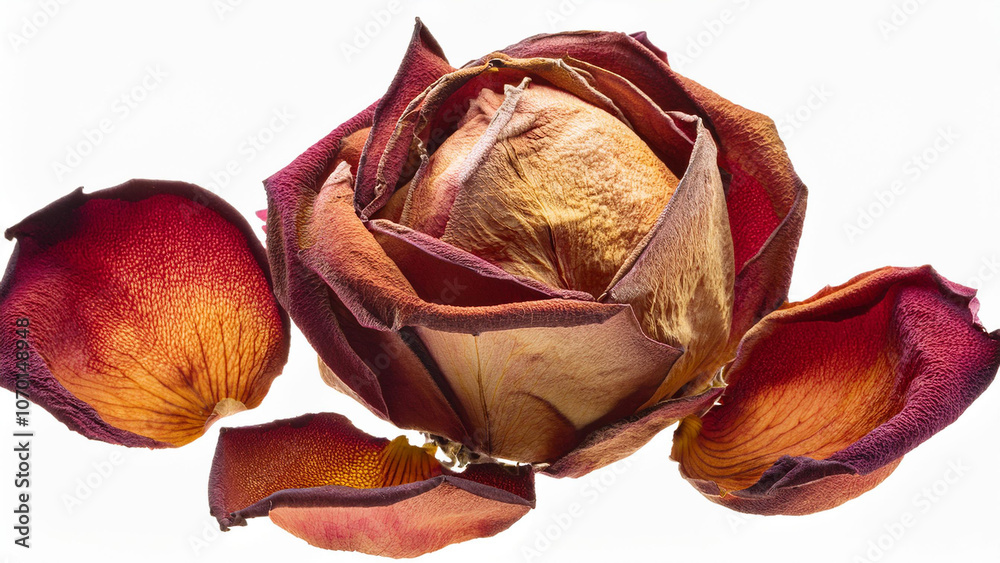 Dried rose with faded colors, showing texture and aging petals ...