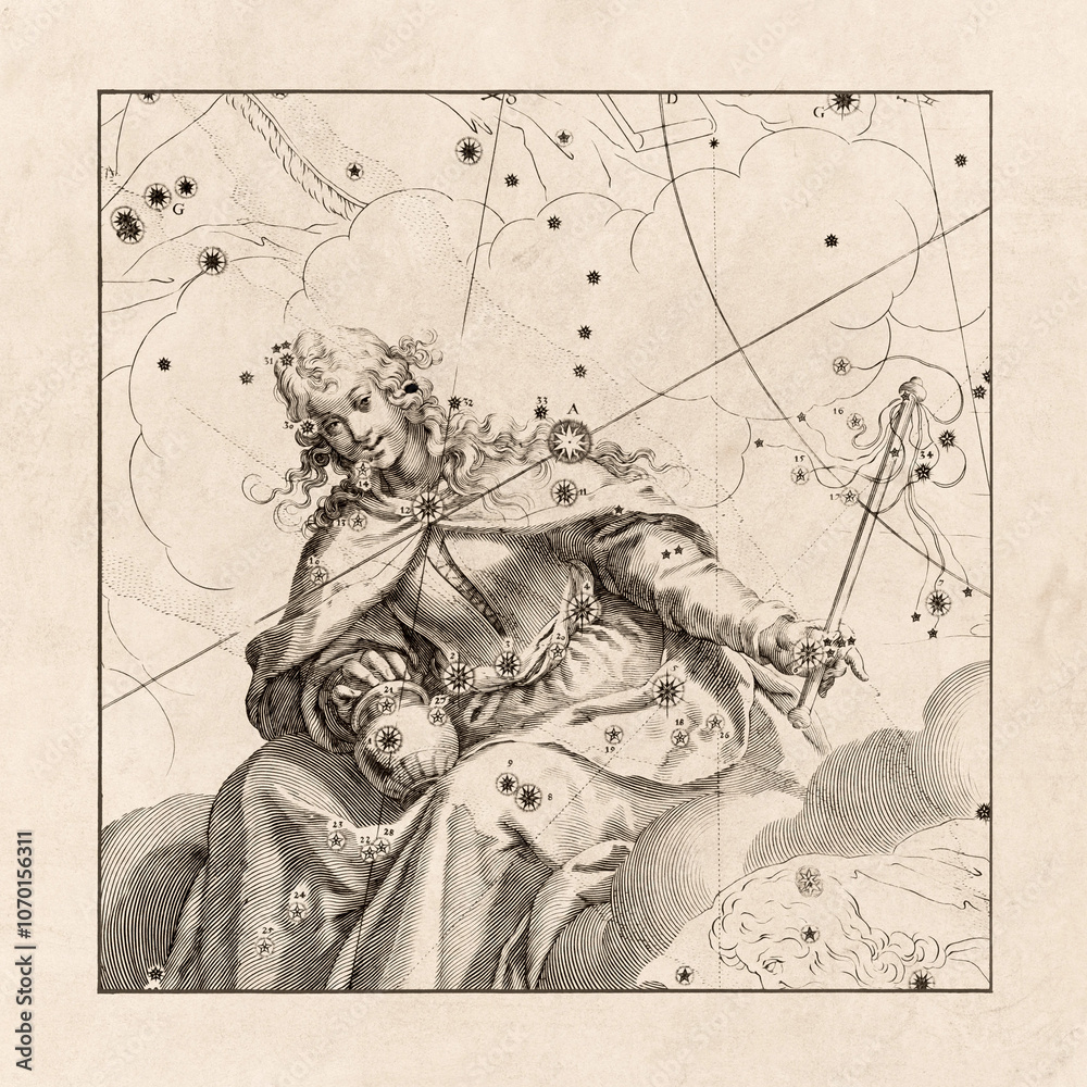 Celestial Map Illustration with vintage inspiration. Sepia drawing of ...