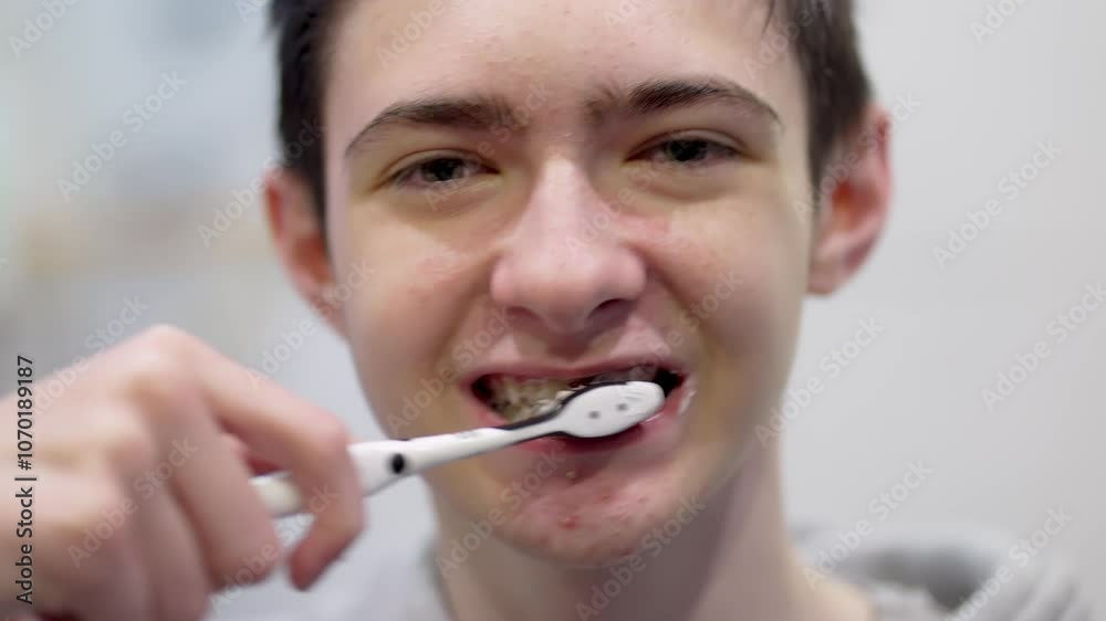 Close up boy teenager brushing teeth in front of mirror, acne on skin ...