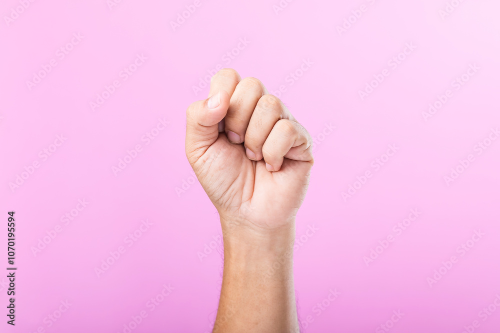 A hand displays various gestures, including a fist, open palm, and ...