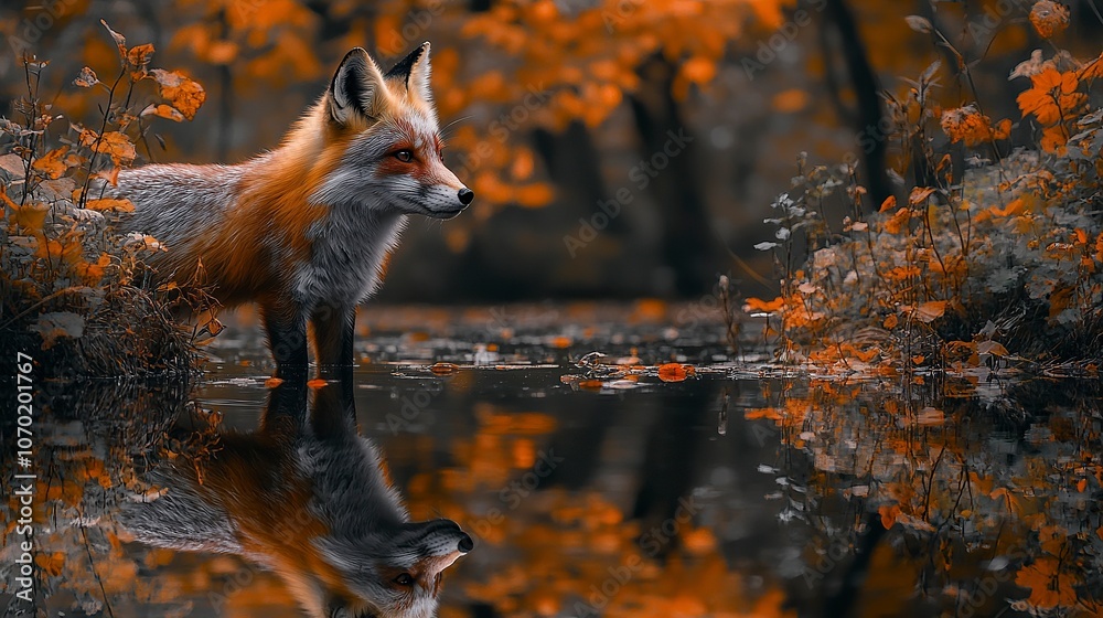 Fox Reflection Water, A fox stands by a waterbody, its vibrant ...