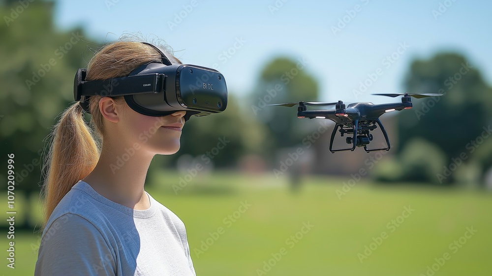 Woman controlling drone thought-powered BCI headset, futuristic tech ...