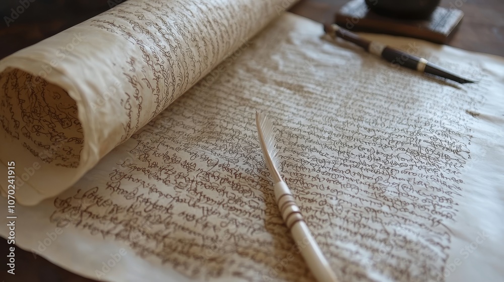 Close-up of a Handwritten Scroll.Concept of history,tradition,and ...