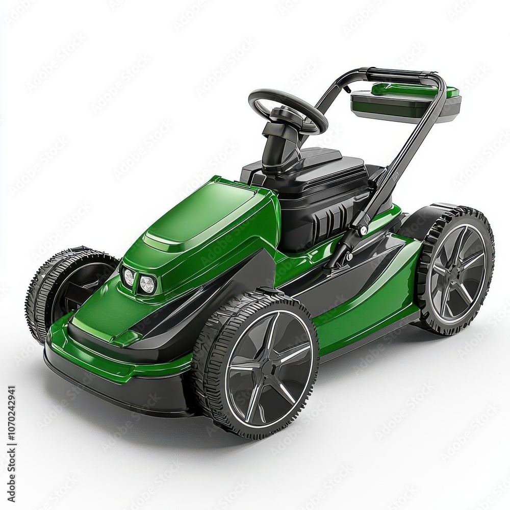 A sleek, green ride-on lawn mower with sporty wheels and a modern ...