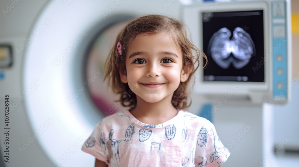 Young girl smiles in a medical imaging room with CT scan of lungs ...