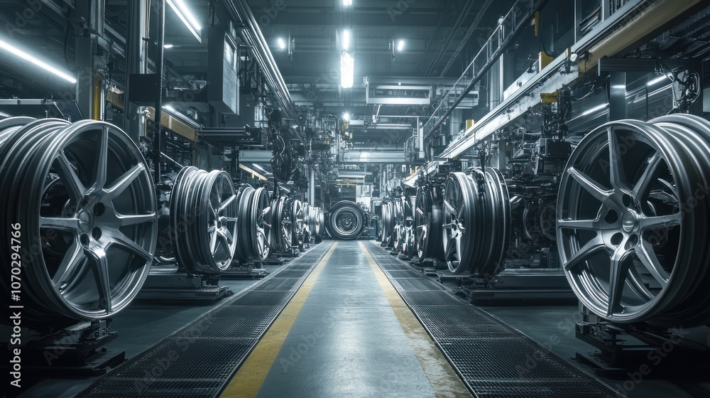 Wide-angle view of an alloy wheel factory, where large, automated ...