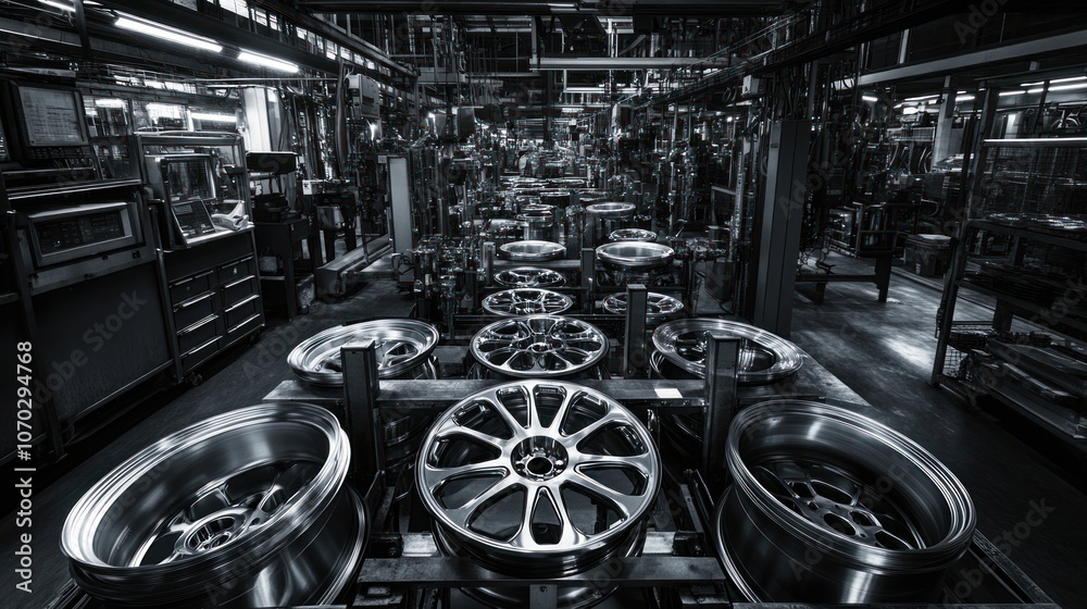 Wide-angle view of an alloy wheel factory, where large, automated ...