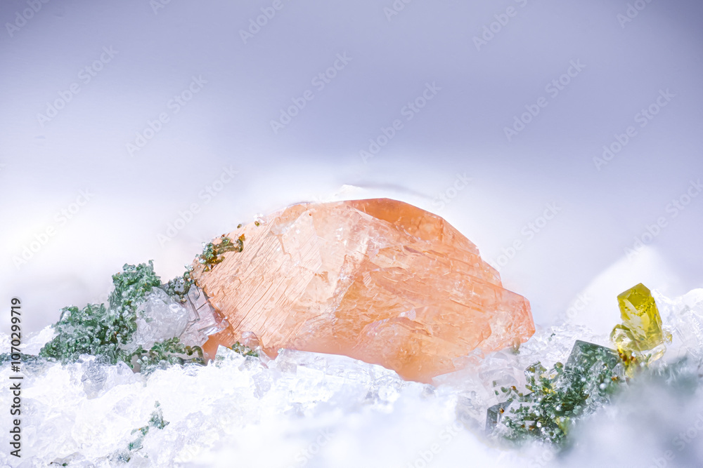 Titanite with dark green chlorite, light green Epidote on clear Calcite ...
