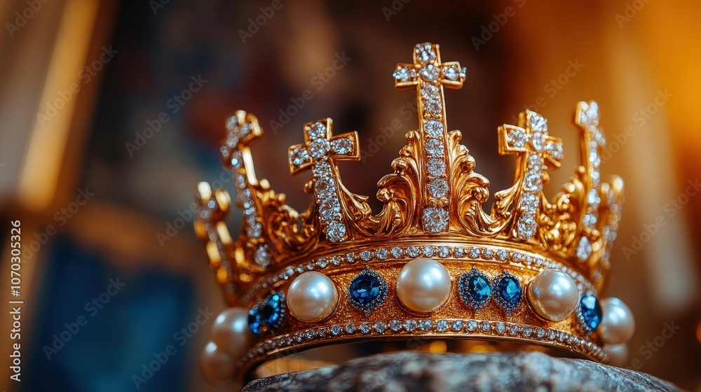 A stunning crown adorned with jewels, pearls, and crosses is ...